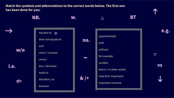 Note-making Abbreviations & Symbols | Genially