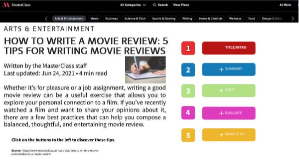 Writing a film review (Première) | Genially