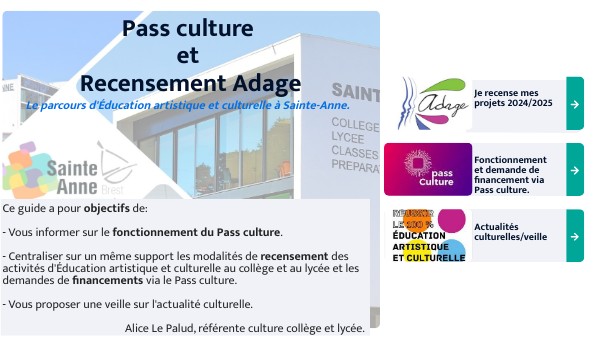 GUIDE PASS CULTURE ET RECENSMENT ADAGE Sainte-Anne Brest | Genially