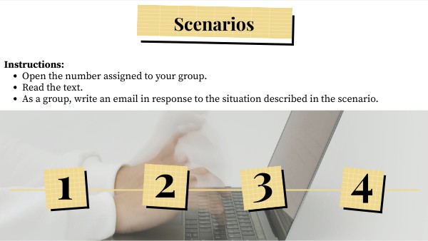 Scenarios for writing emails | Genially
