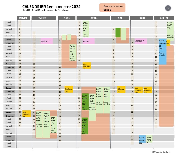 Calendrier 2024 (1/2) de l'Université Solidaire | Genially