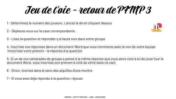 Jeu de l'oie PFMP 3 - 1MA | Genially