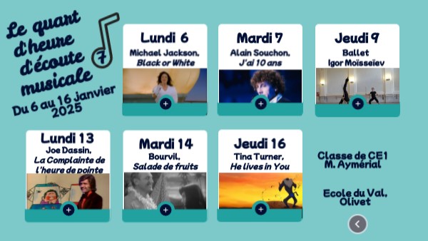 Quart d'heure d'écoute musicale CE1 2024-2025 n°7 | Genially