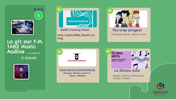 Taller de música 2º ESO AB Sintonía Musical Mirasur GALERÍA DE AUDIOS | Genially