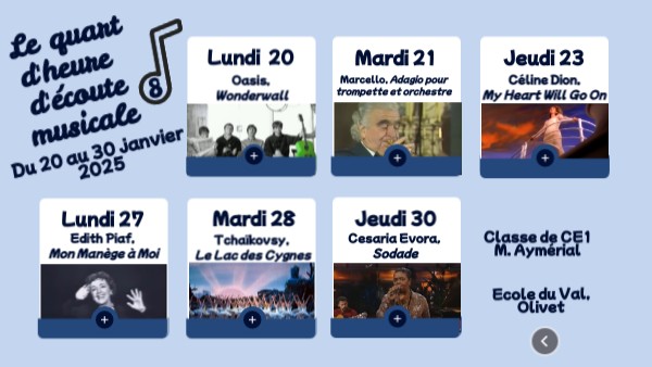 Quart d'heure d'écoute musicale CE1 2024-2025 n°8 | Genially