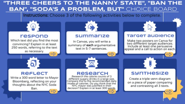 NYC Soda Ban CHOICE BOARD
