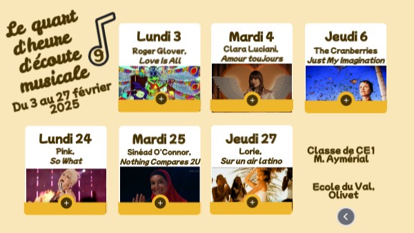 Quart d'heure d'écoute musicale CE1 2024-2025 n°9 | Genially
