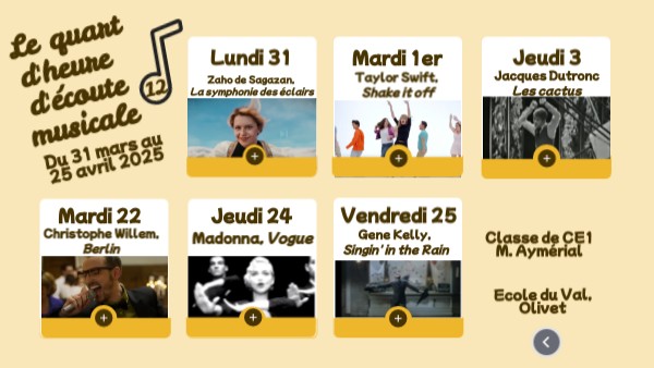 Quart d'heure d'écoute musicale CE1 2024-2025 n°12 | Genially