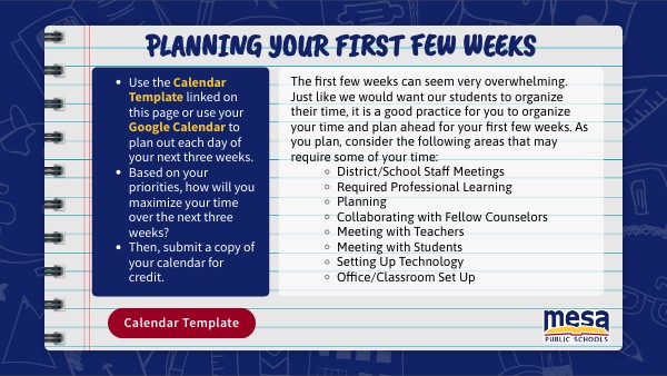First Days Planning Calendar