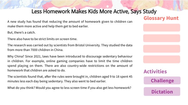 Newsroom L800-900 Less Homework Makes Kids More Active, Says St | Genially