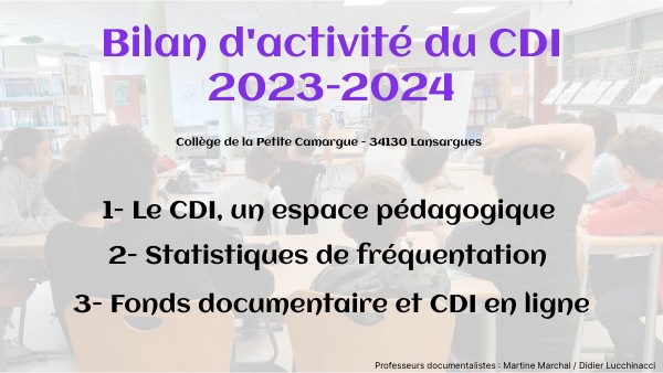 Bilan CDI Collège de la Petite Camargue 2023-2024 | Genially
