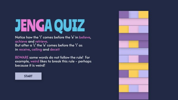 Y10 - I before E Jenga Quiz | Genially