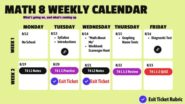 Weekly Calendar Math 8