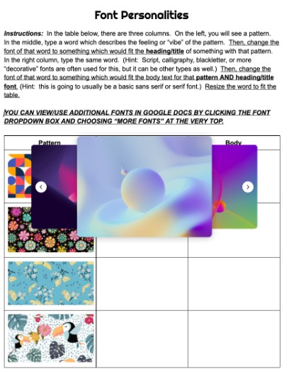 Font Personalities Worksheet