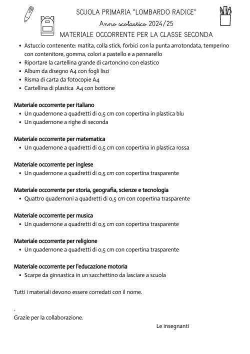 Lista materiale classe seconda