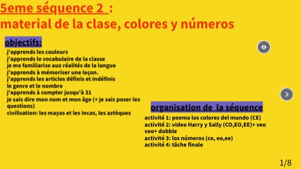 2024/2025 5eme séquence 2: material de la clase, colores, números ...