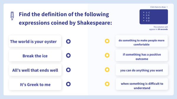 FIND THE RIGHT DEFINITION: EXPRESSIONS COINED BY SHAKESPEARE | Genially