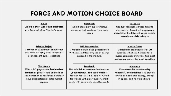 Force and Motion Choice Board | Genially