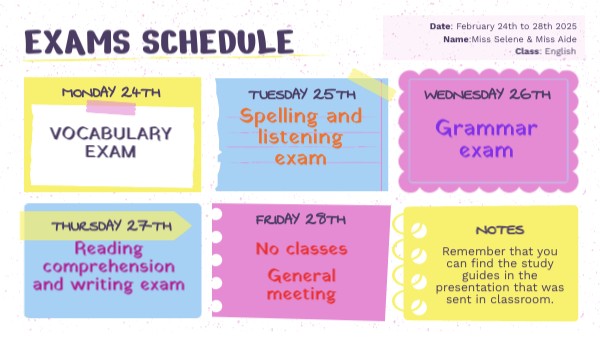Exam Schedule 2nd trimester 1st grade | Genially