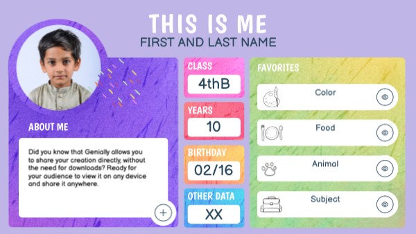 Cartão Coisas Sobre Mim | Genially