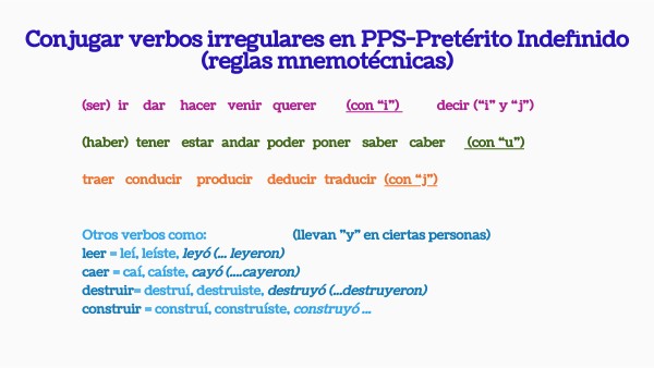 Conjugar verbos irregulares en PPS-Pretérito Indefinido (reglas ...