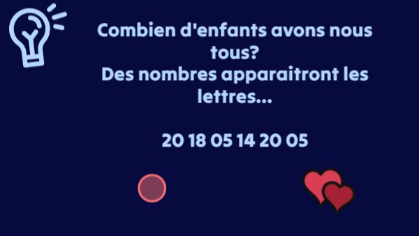 Combien d'enfants avons nous tous? Des nombres apparaitront les lettres... 20 18 05 14 20 05 ...