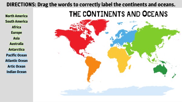 DIRECTIONS: Drag the words to correctly label the continents and oceans ...