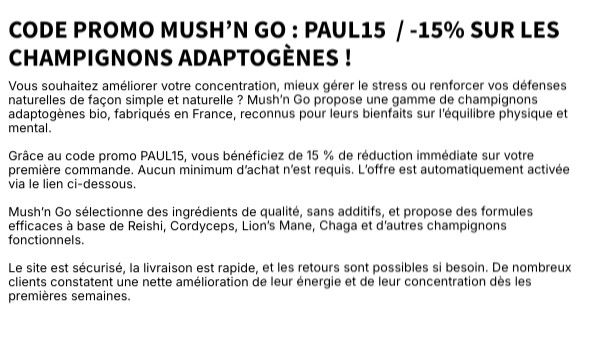 Code Promo Mush’n Go : PAUL15 / -15% sur les Champignons Adaptogènes ! | Genially