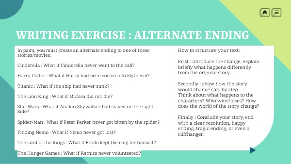 Writing Exercise : Alternate Ending | Genially
