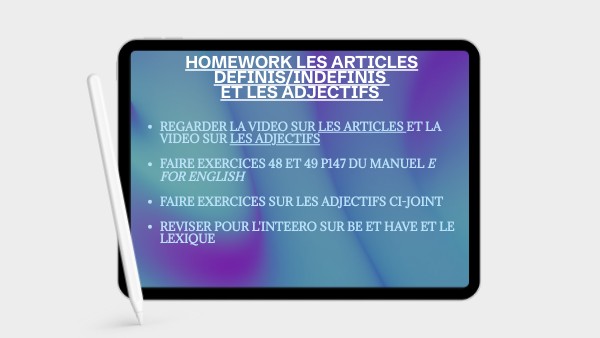 HOMEWORK LES ARTICLES ET LES ADJECTIFS | Genially