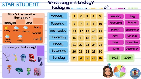 3º STAR STUDENT- INTERACTIVE DAILY CALENDAR. Sandrasplaces2learn | Genially